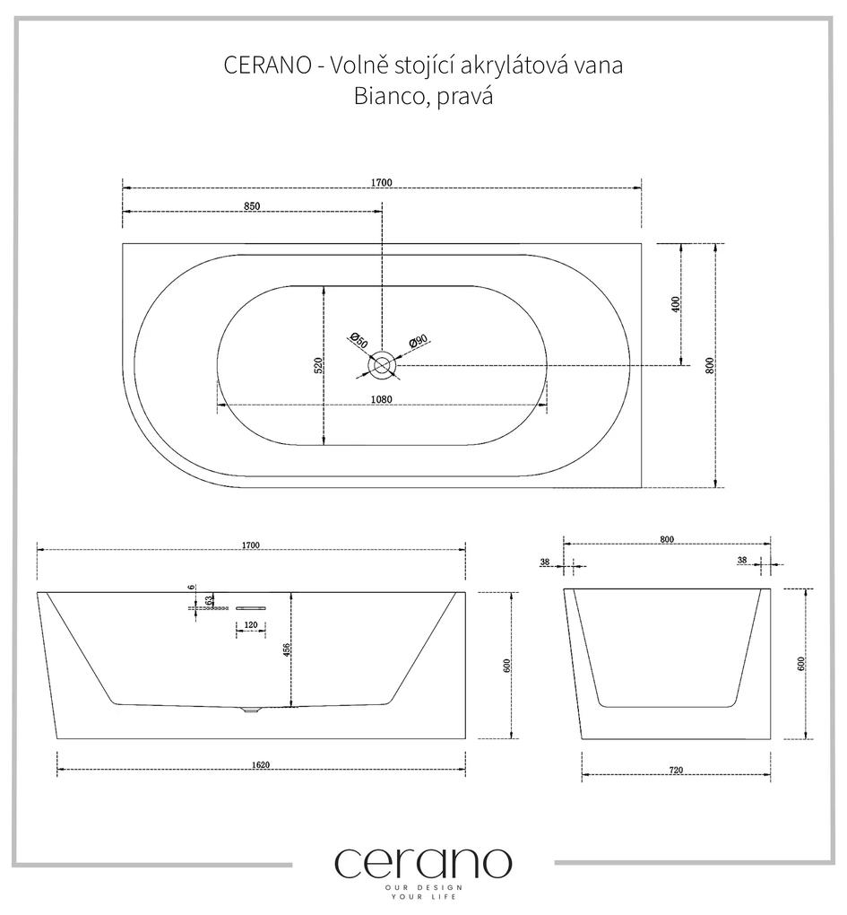 CERANO - Volně stojící akrylátová vana Bianco, pravá - bílá lesklá - 170x80 cm