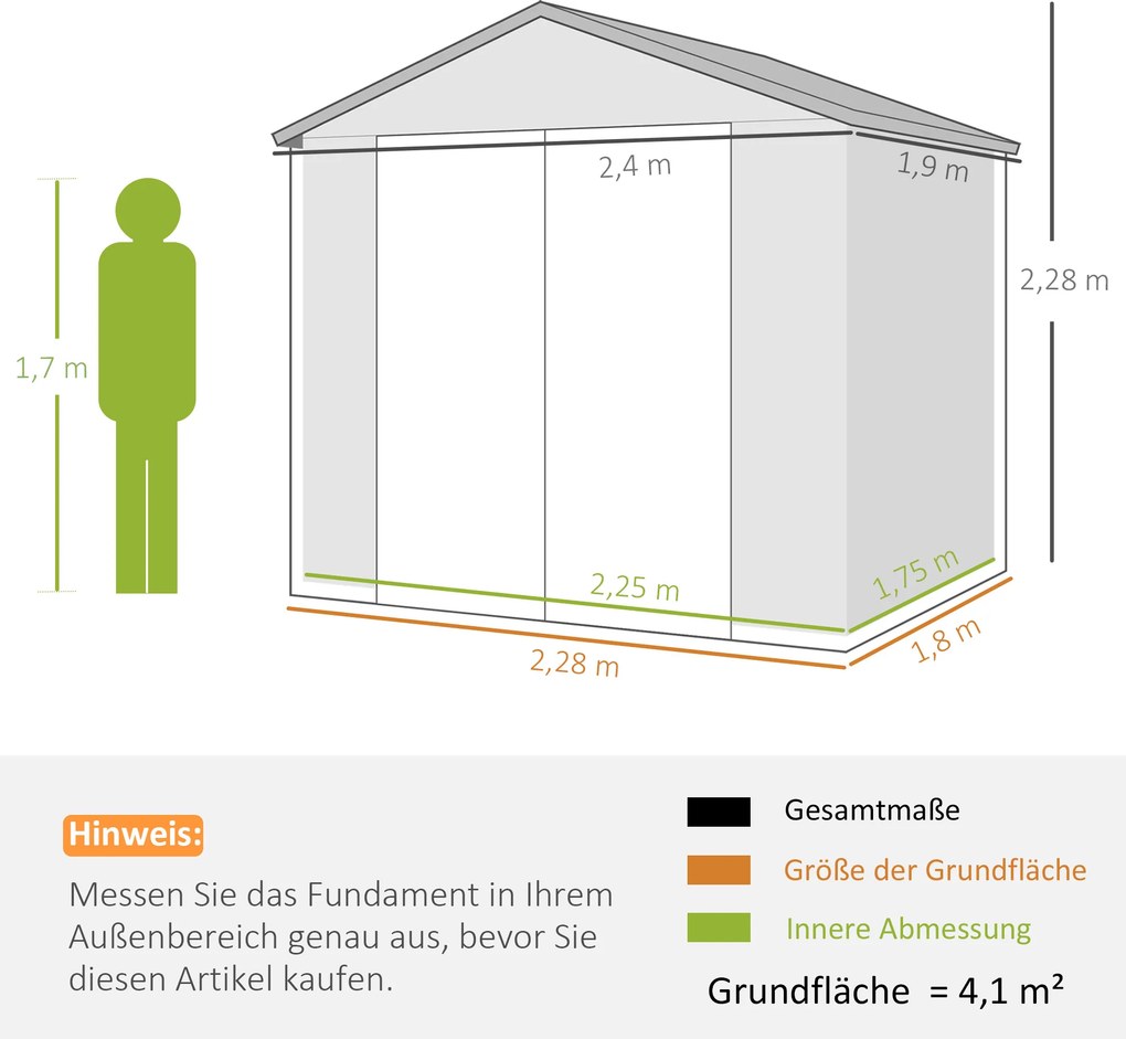 Outsunny kůlna na nářadí 4,1 m³, zahradní kůlna s jednoplášťovou střechou, 240 x 190 x 180/228 cm, kůlna na nářadí s uzamykatelnými dveřmi, okno, gar…