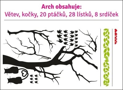 WALLVINIL Samolepky na zeď - Větev a zamilované kočky Velikost: 90x52 cm, Pravá / Levá: PRAVÁ (strom/větev směřuje doprava), Barva: VLASTNÍ ( upřesním v poznámce ve 3. kroku v košíku)