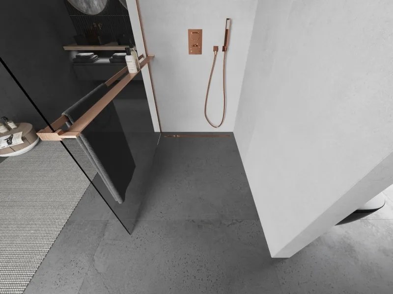 Mexen Kioto+ L, sprchová zástěna Walk-In s poličkou a věšákem 75 x 200 cm, 8mm čiré sklo, měděný matný profil, 800-075-123-65-00