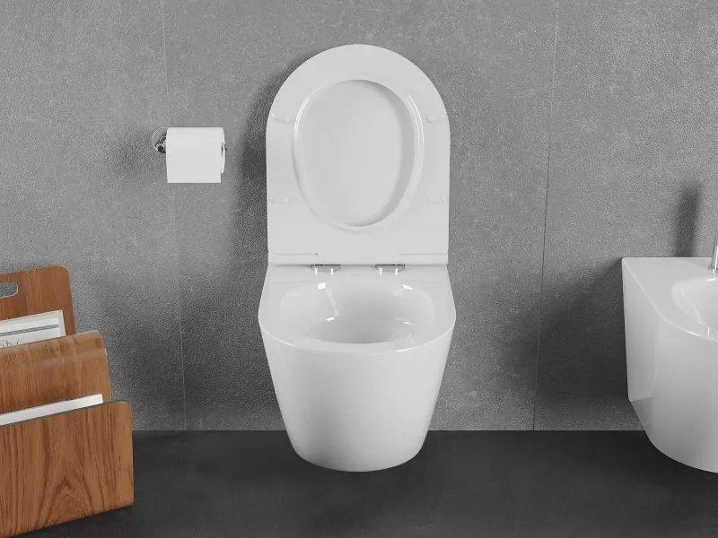 Mexen Lena, závěsná WC mísa 490x360x340 mm, Rimless Tornádo + toaletní WC sedátko z duroplastu, bílá lesklá, 30220500T