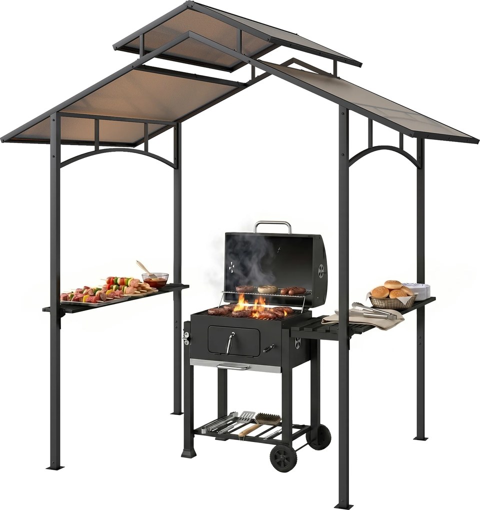 Outsunny Altánek na gril s ohnivzdornou střechou, BBQ altánek se 2 policemi, 2,5 x 1,5 m, ocelový, PC, Černá + Hnědá
