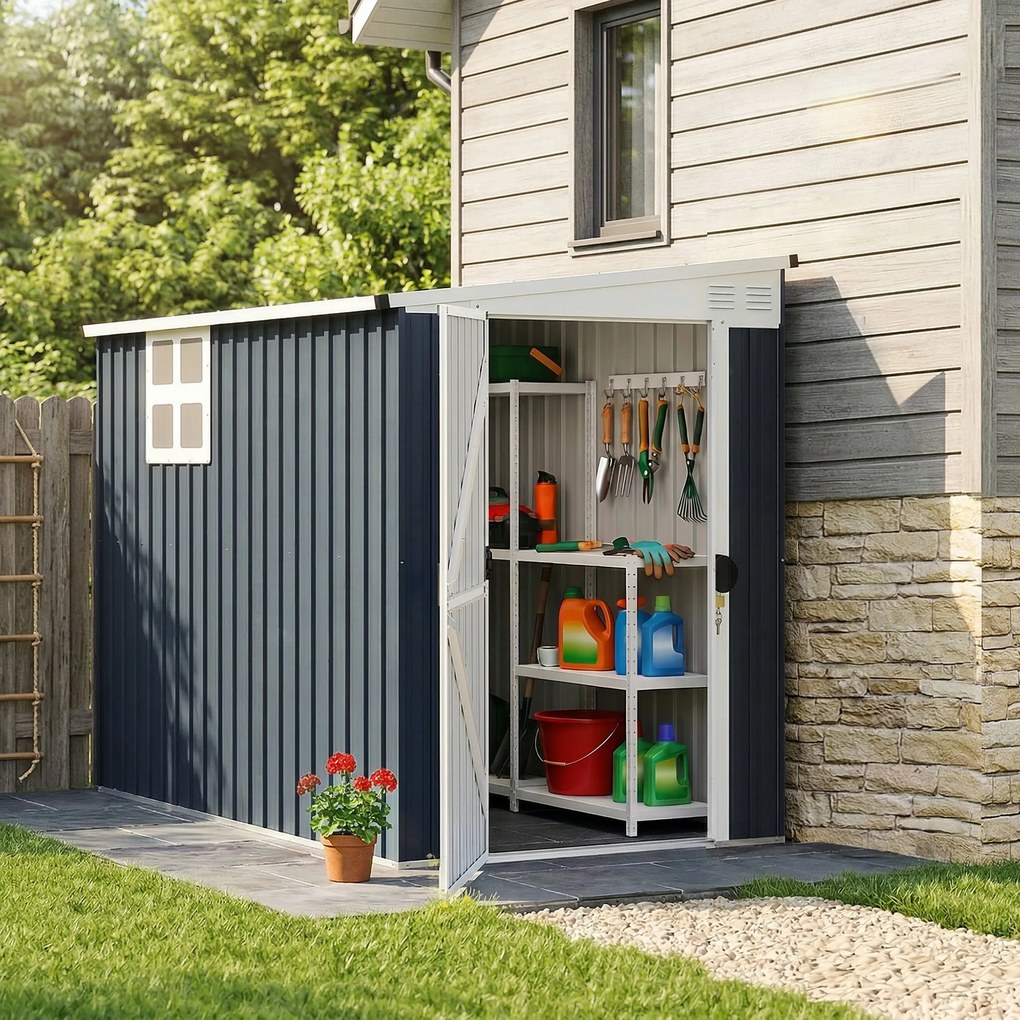 Outsunny Kovová Kůlna na Nářadí 2.7m² 128x231x181cm Se Šikmou Střechou, Okno, Zámek, Voděodolná Exteriérová Kůlna pro Zahradní Prostor Tmavě Šedá