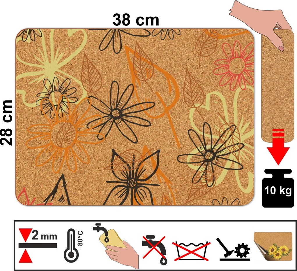 PokojovaDekorace.cz, Korkové prostírání s potiskem - 536, kytky, 38x28 cm, 1 ks