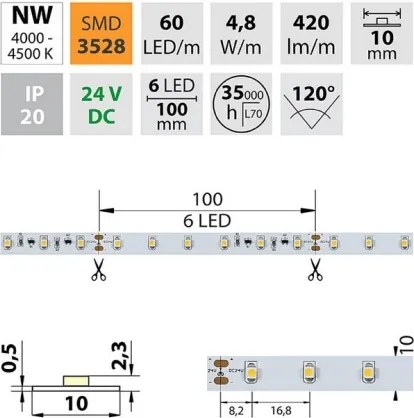 LED pásek McLED 24V neutrální bílá š=10mm IP20 4,8W/m 60LED/m SMD3528 ML-126.794.60.8 (20m)