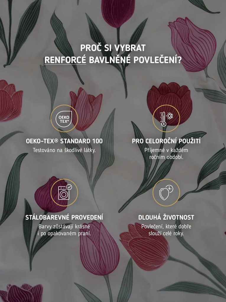 MK Lůžkoviny Prodloužené bavlněné povlečení Renforcé - Květy tulipánů fialové 140 × 220 cm, 70 x 90 cm