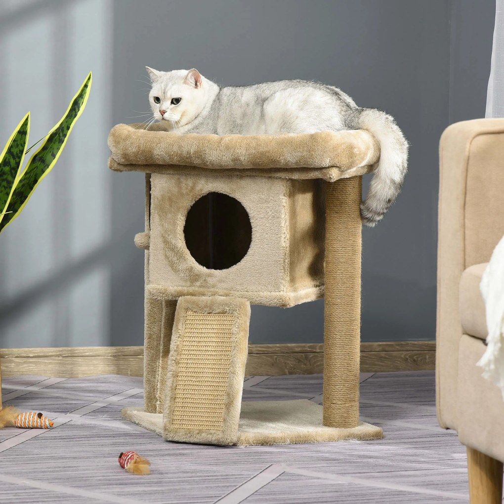 PawHut Škrabací sloup 57 cm Malý kočičí strom s kočičí jeskyní, odpočinkovou platformou, škrabacím panelem, hracím míčem, kočičí nábytek pro kočky do…