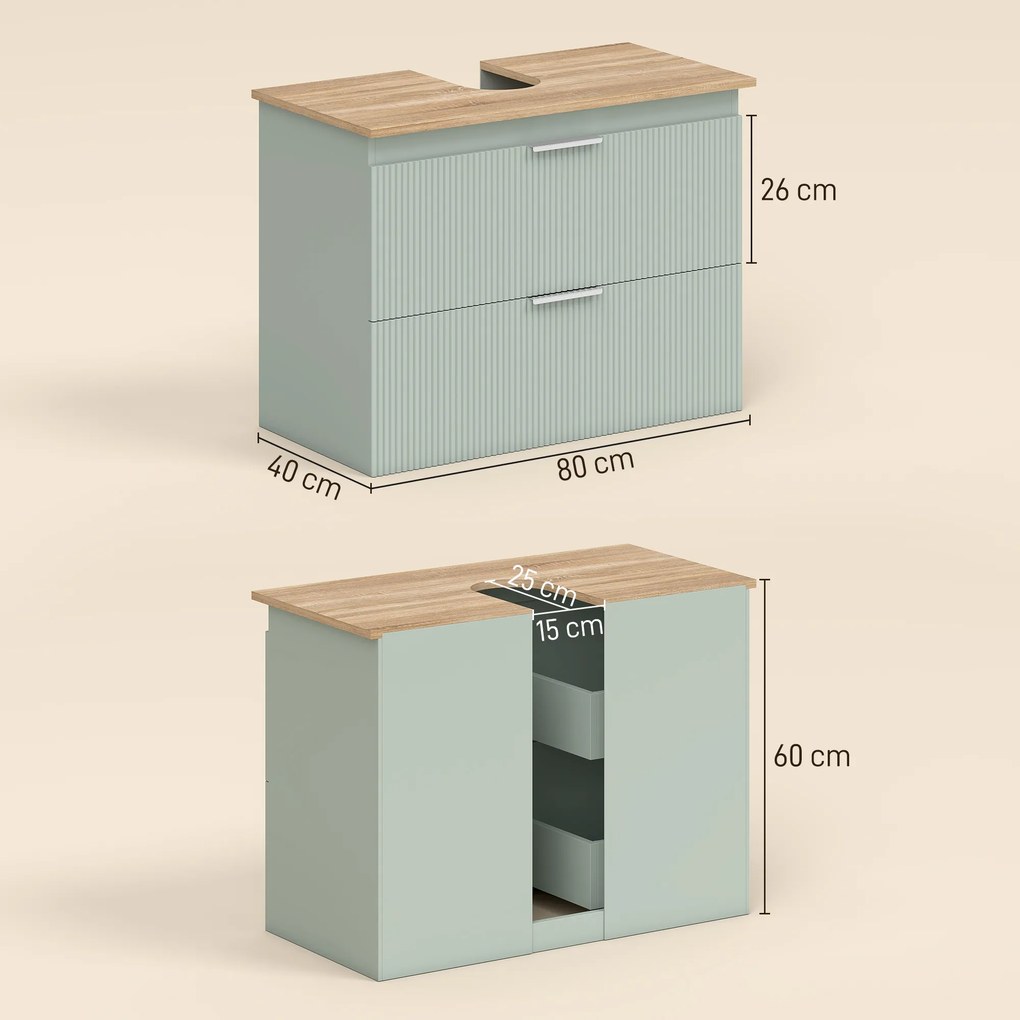 HOMCOM Skříňka pod umyvadlo, koupelnová skříňka se 2 zásuvkami, moderní styl, 80 x 40 x 60 cm, zelená a dřevěný dekor