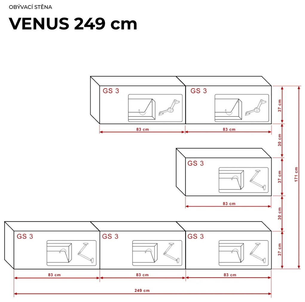 Ral Obývací stěna VENUS 8, 249 cm - Černo/bílý lesk