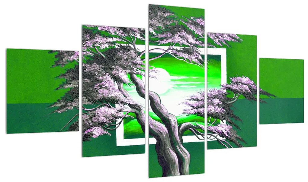 Zelený obraz stromu a východu slunce (125x70 cm)