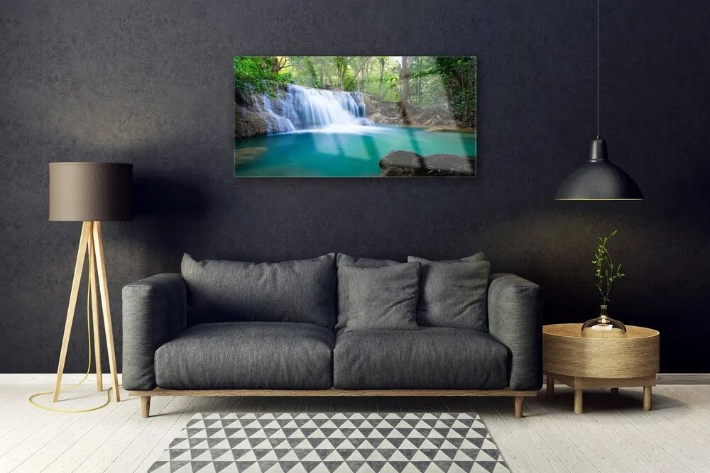 Obraz na skle Vodopád Jezero Les Příroda 100x50 cm
