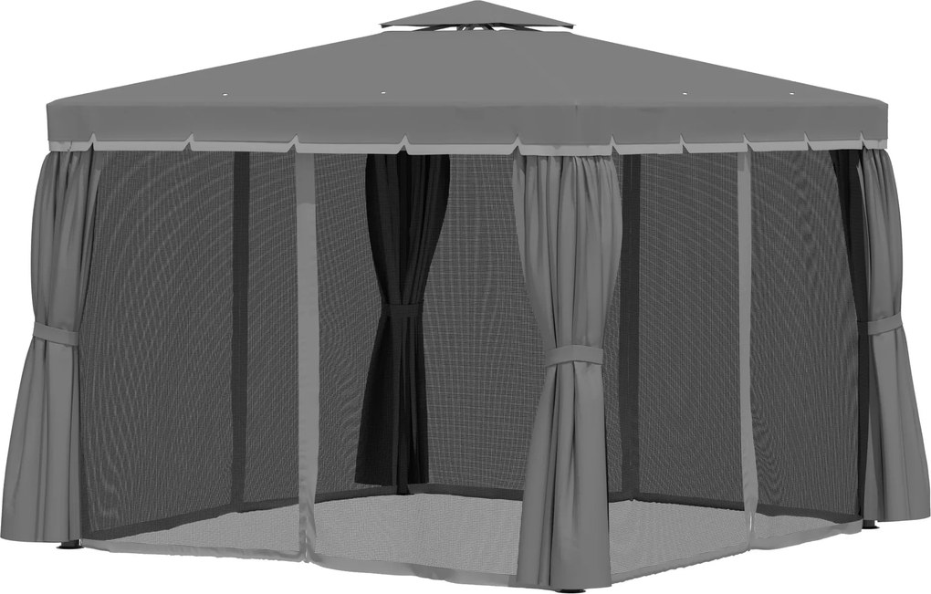 Zahradní altán Outsunny 2,96 x 2,96 m s dvoustupňovou střechou a 4 bočními panely, sítě proti komárům, weatherproof hliník, polyester, tmavě šedý | Ao