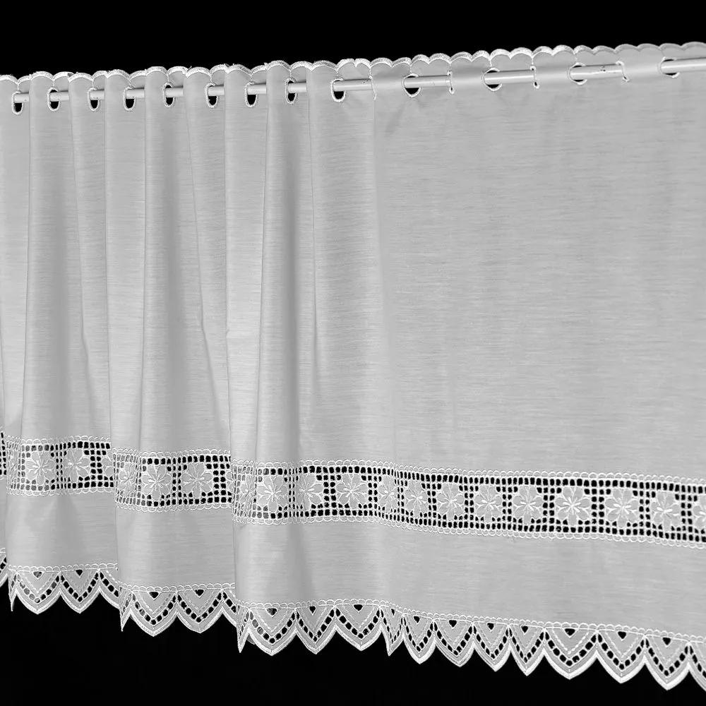 Berk vitrážová záclona, bavlněný batist 3812 vyšívaná kytička s bordurou, bílá výška 60cm (v metráži)