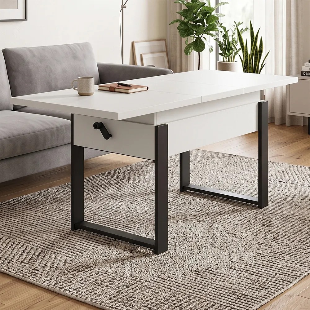 Rozkládací polohovací konferenční stolek HOGO 3v1 | 120-157x62,5-74,5x67 cm | síla horní desky 32 mm | bílá/černé nohy