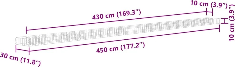 Gabionový vyvýšený záhon pozinkovaná ocel 450 x 30 x 10 cm 145644