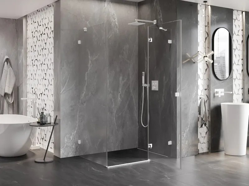 Mexen Lunar, pravostranný výklopný sprchový kout 85 x 80 cm, 8mm čiré sklo, bílý profil, 834-085-080-20-00-P