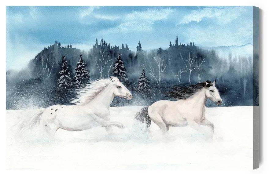 Obraz Koně Cválající Sněhem Nedostatek Nedostatek Přírodní plátno 40x30