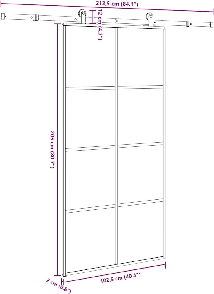 vidaXL Posuvné dveře s kováním 102,5 x 205 cm ESG sklo a hliník