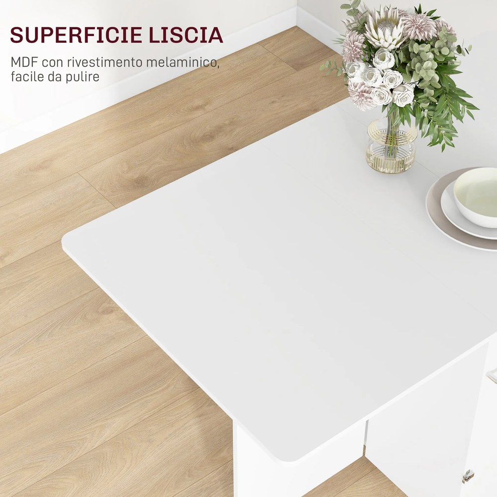 Skládací stůl HOMCOM s vyklápěcími deskami a 3 úrovněmi polic, úložná skříňka a kola, MDF, 130x80x76,5 cm, bílý