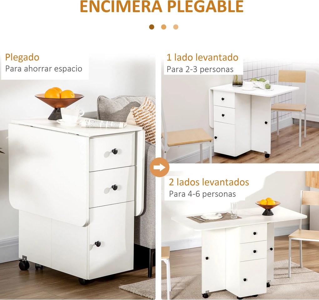 Skládací jídelní stůl HOMCOM s kolečky, skládacími křídlovými deskami, šuplíky a skříňkou pro 4-6 osob 120x60x76,5 cm Bílý