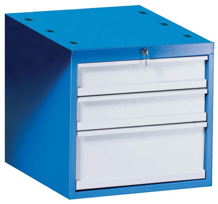 Závěsný dílenský box na nářadí k pracovním stolům GD, 3 zásuvky, zámek, 510 x 592 x 470 mm, modrá / šedá