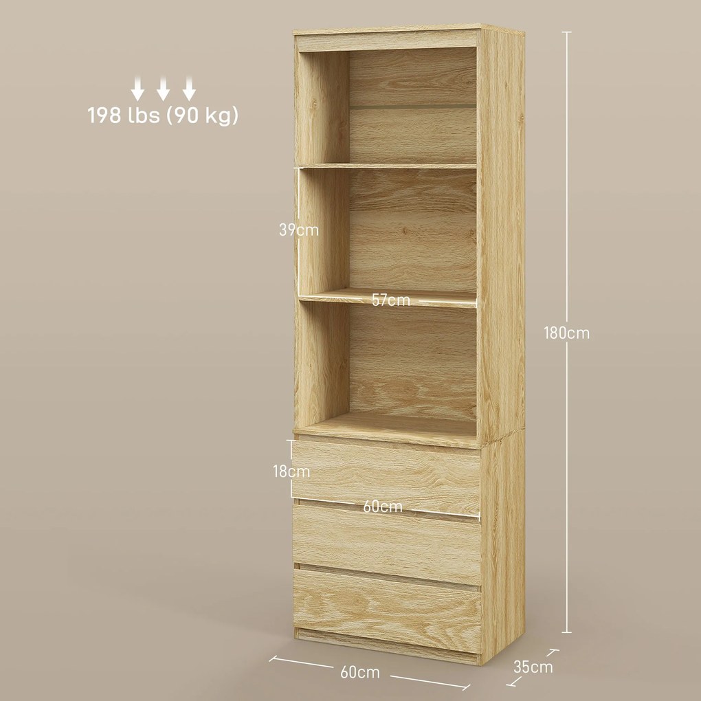 HOMCOM Vysoká knihovna o výšce 180 cm se 3 policemi a 3 zásuvkami v přírodním dřevě 60 x 35 x 180 cm
