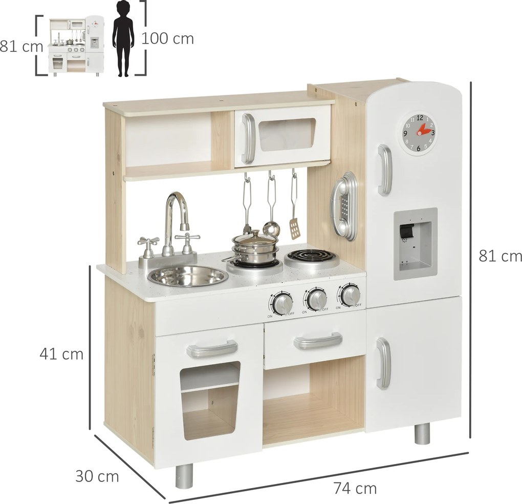 HOMCOM Dětská kuchyňka s příslušenstvím, kuchyňka snů pro děti od 3 let, kuchyňka na hraní z borovice a MDF, bílá, 74 x 30 x 81 cm |