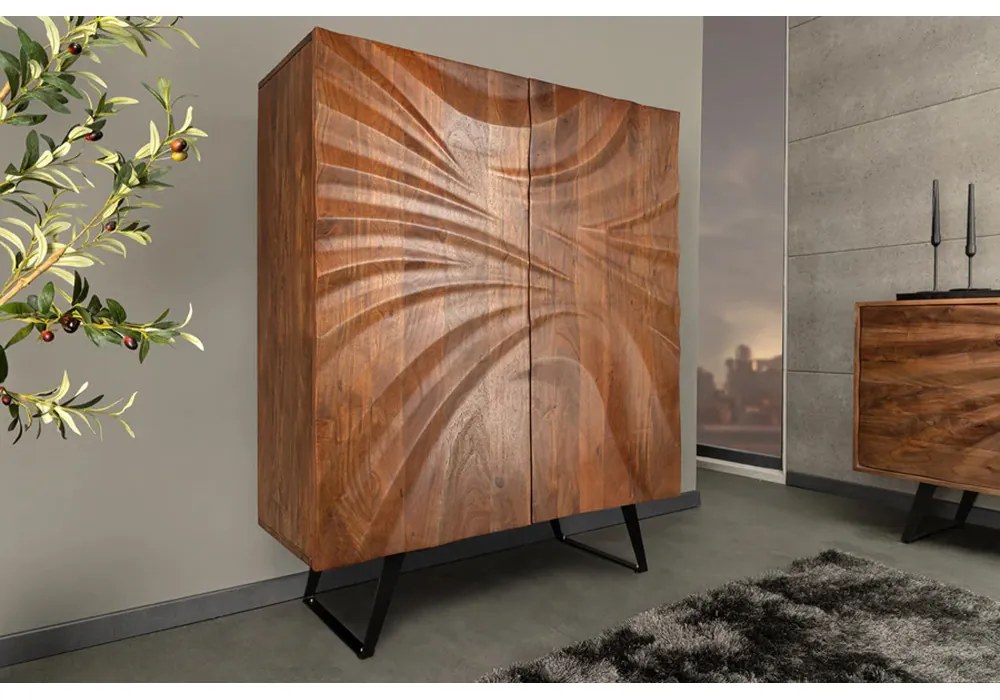 Massive home | Vysoká komoda HURRICANE 120cm 3D akátové dřevo hnědá