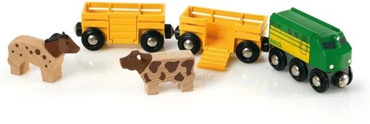 Brio Souprava Zemědělský vlak pro přepravu zvířat se 2 vagónky, krávou, koněm