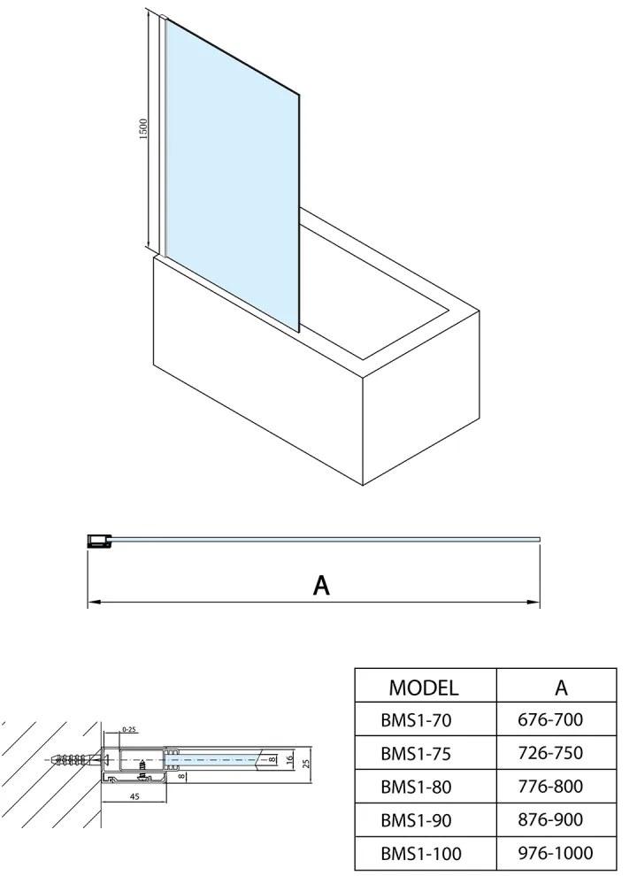 Polysan MODULAR SHOWER vanová zástěna 900x1500mm, čiré sklo BMS1-90