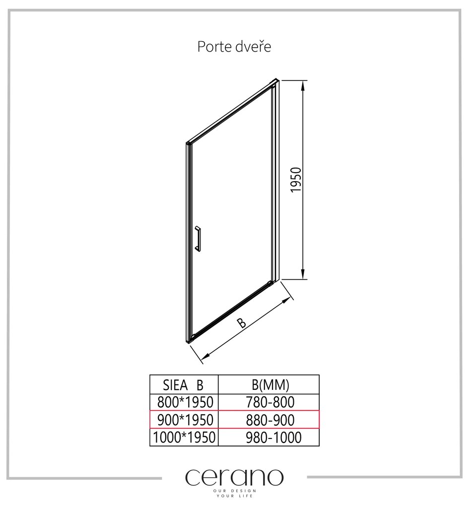 Cerano Porte, 1-křídlé sprchové dveře 90x195 cm, 8mm čiré sklo, černý profil, CER-CER-413492