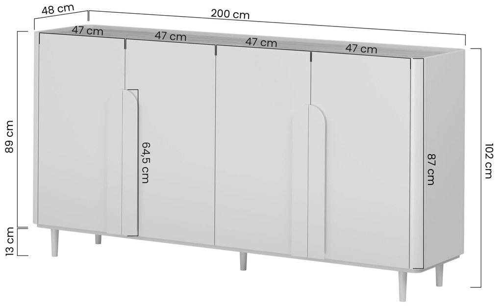 Komoda Amilio 200 cm na nožkách - kašmírová / dub olejovaný / kašmírové úchytky