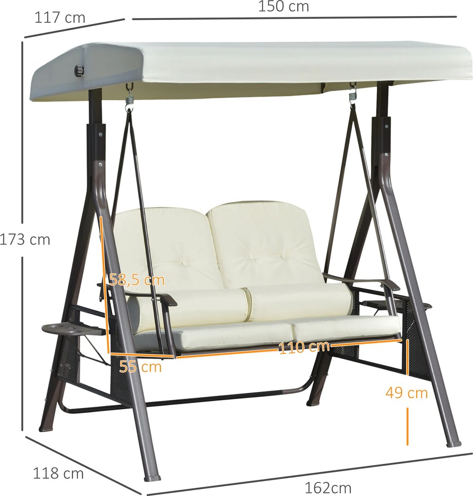 Zahradní houpačka Outsunny Hollywood pro 2 osoby se sluneční stříškou, polštáři a podnosem, kovový rám, polyesterový potah, béžová barva, 162x118x173…