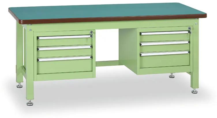 Dílenský stůl GL se 2 závěsnými boxy na nářadí, MDF + PVC deska, 6 zásuvek, 2100 x 750 x 800 mm