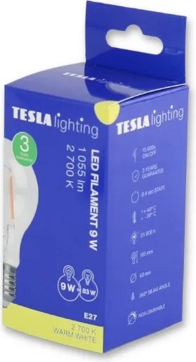 TESLA BL270927-2 - LED filament retro bulb žárovka E27, 9W, 1055 lm, 2700K, teplá bílá, čirá