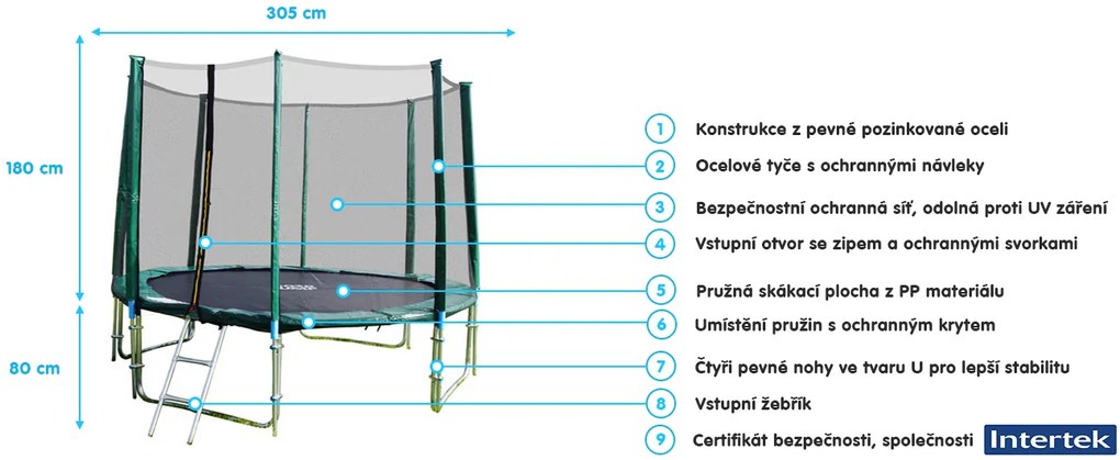 GoodJump GoodJump 4UPVC zelená trampolína 305 cm s ochrannou sítí + žebřík + krycí plachta