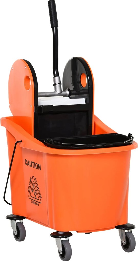 HOMCOM Úklidový vozík s košem na kolečkách a ždímačkou 36 l černý/oranžový 54x41x91,5 cm pro profesionální úklid