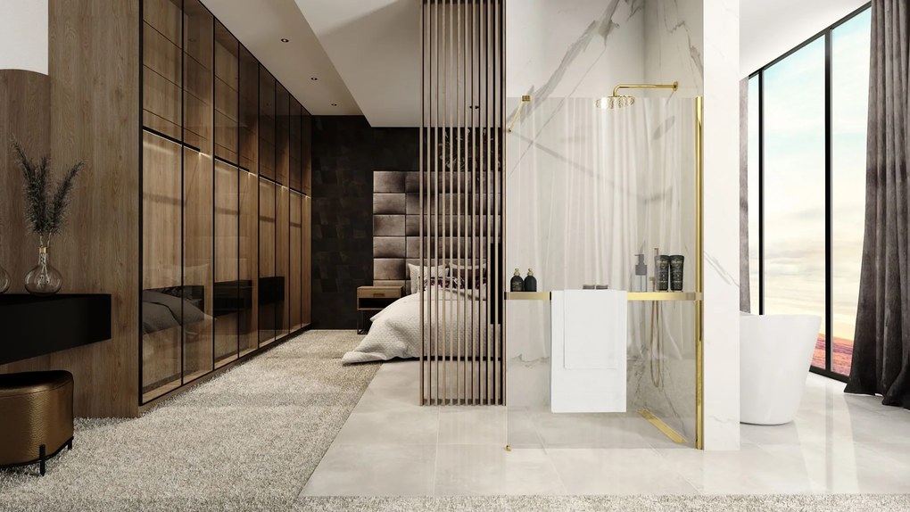 Rea Aero, sprchová zástěna typu Walk-In 80cm, 8mm čiré sklo, zlatý lesklý profil + polička a věšák EVO, KPL-K8439