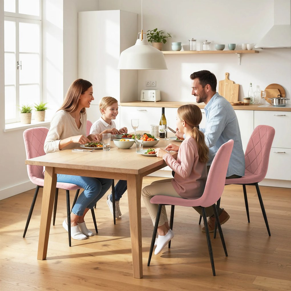 Sada 4 moderních jídelních židlí HOMCOM s opěradlem, sametový vzhled, čalouněné křeslo se ocelovými nohami, do jídelny, růžové