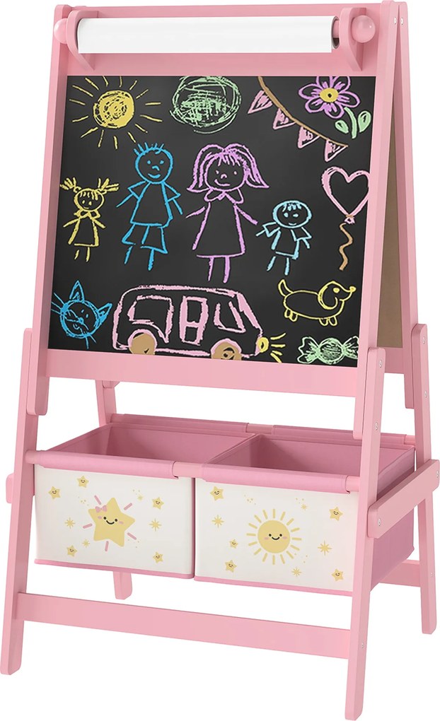 AIYAPLAY Dětský stojan 3 v 1 dětská tabule s křídlovou tabulí, whiteboard, role papíru, 2 úložné boxy, pro 3-8 let, růžová
