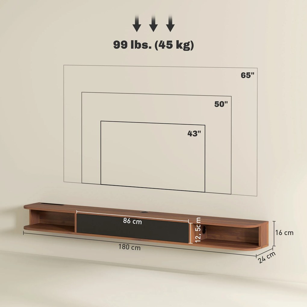 HOMCOM Závěsný TV nábytek, televizní stolek pro televize až do 190,5 cm, výklopná zásuvka, 2 police, 180x24x16 cm, ořech