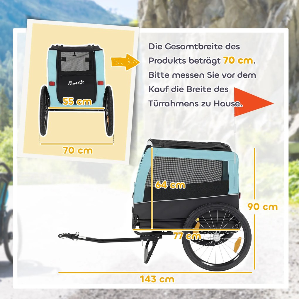PawHut Skládací přívěs na kolo s bezpečnostními odrazkami, vodítko, pro středně velké psy do 20 kg 143 x 70 x 90 cm Světle modrý