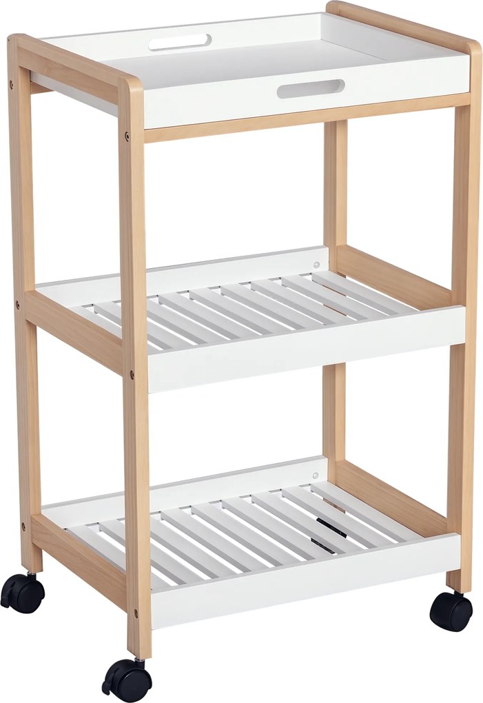 HOMCOM Kuchyňský servírovací vozík s kolečky 2 police + odnímatelný tác Borovicové dřevo MDF Bílá
