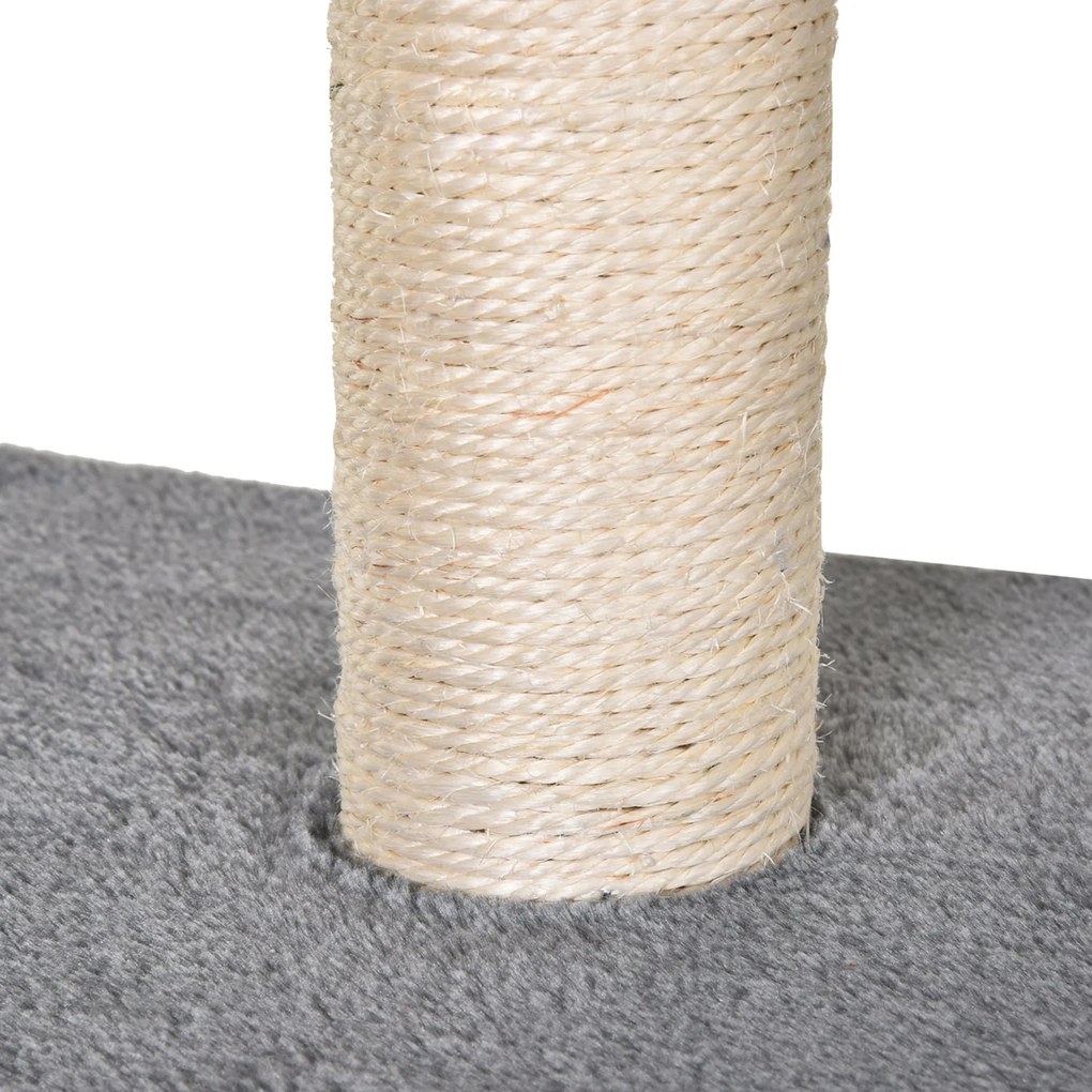 PawHut Škrábací strom s útulnou boudou, závěsnou postelí a 2 měkkými platformami v šedé barvě a sisalovém provazu 60x49x130cm