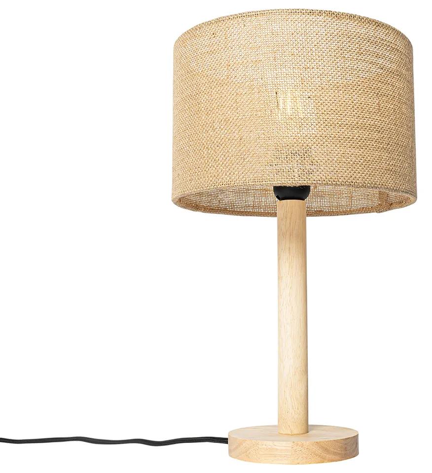 Venkovská stolní lampa dřevěná s lněným stínidlem natural 25 cm - Mels