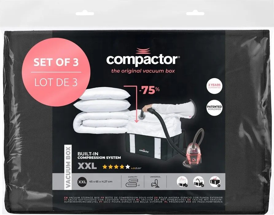 Černé vakuové plastové úložné boxy v sadě 3 ks 65x45x27 cm Black Edition – Compactor