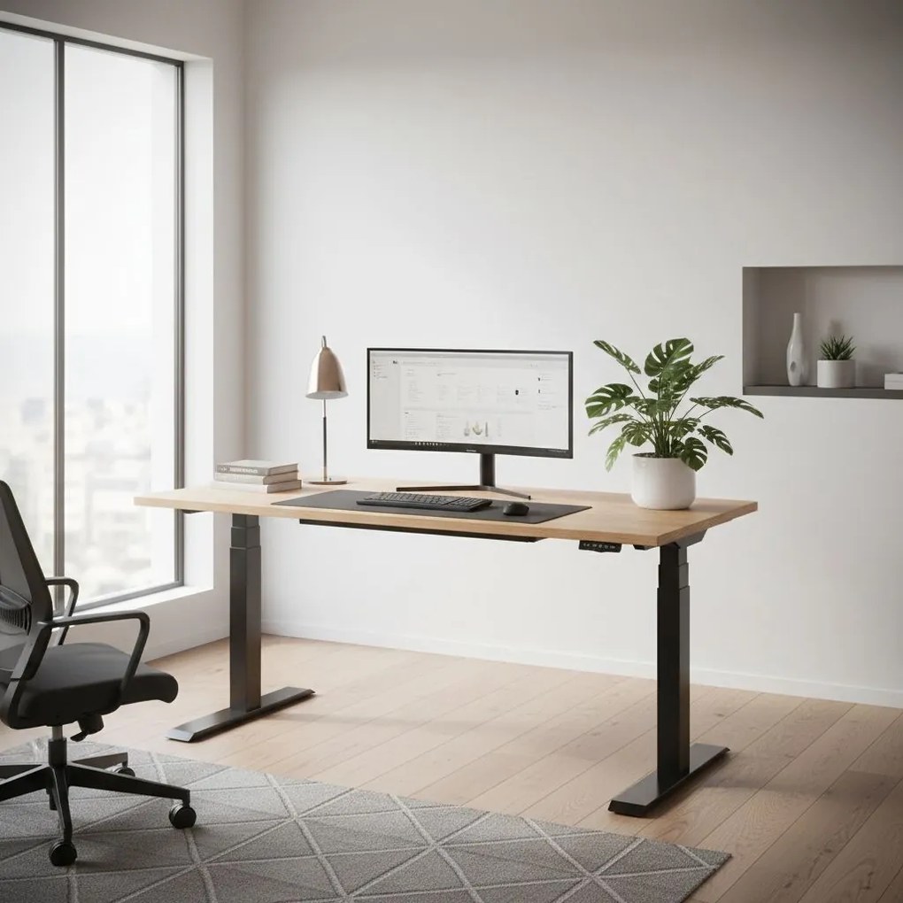 Výškově nastavitelný stůl OfficeTech D, 160 x 80 cm, černá podnož, dub kraft