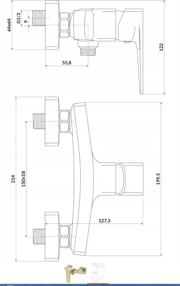 Cersanit Larga, nástěnná sprchová baterie, zlatá matná, S951-384