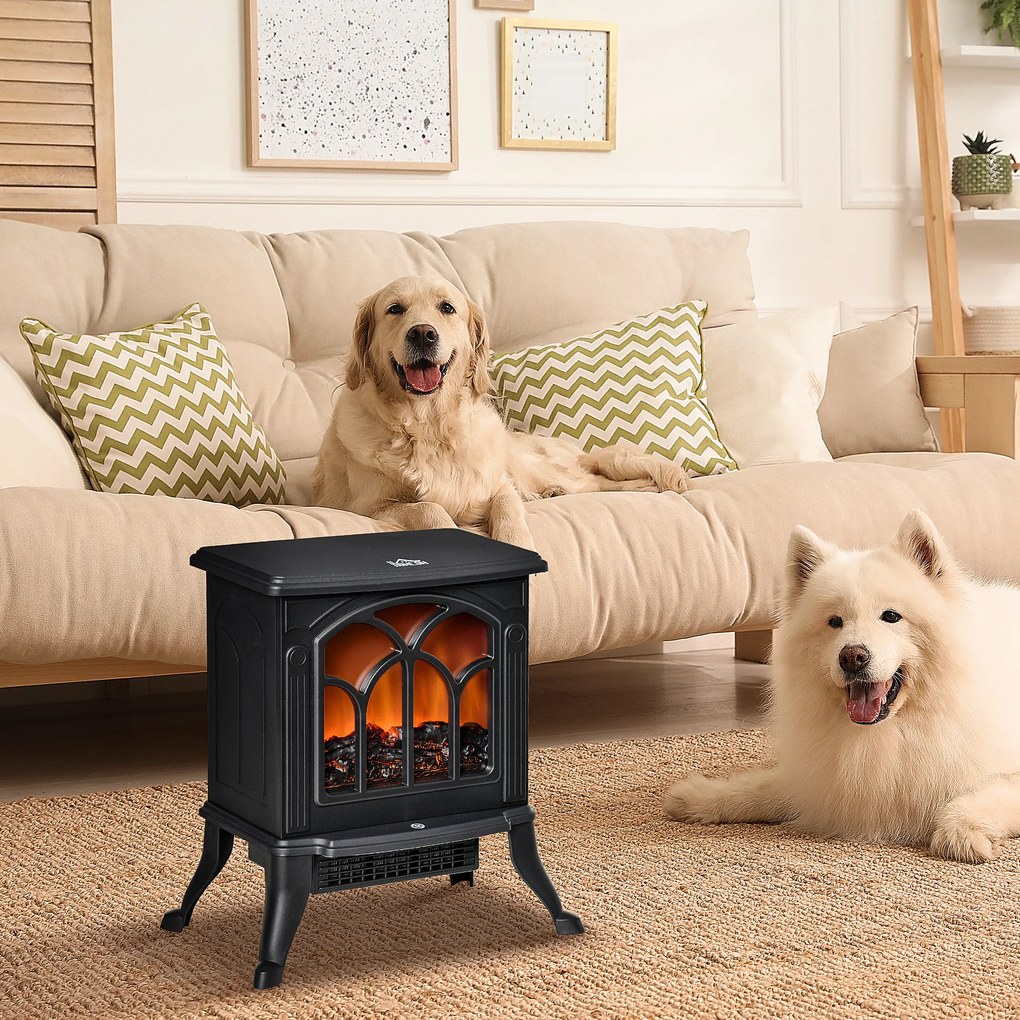 HOMCOM elektrický krb kamna s efektem plamene v retro stylu, termostat 750-1500 W, ochrana proti přehřátí, černá