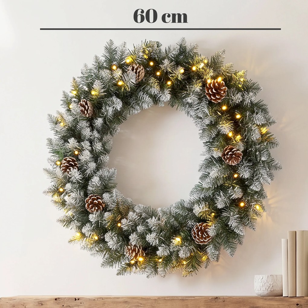 HOMCOM Vánoční věnec 60 cm Osvětlený věnec na dveře s 50 LED Šišky Umělý sníh na Vánoce Adventní dveře
